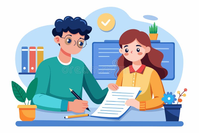 Two People Sit at a Desk with a Document, Signing a Contract, Signing a ...