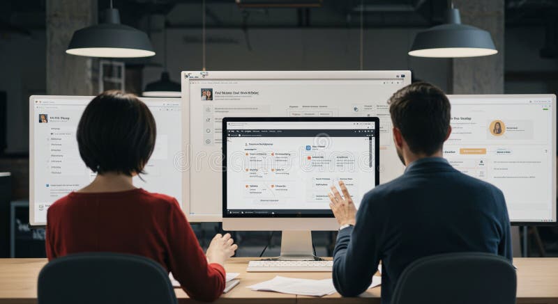 Two People Sit at Desks Facing Three Large Computer Monitors Displaying ...