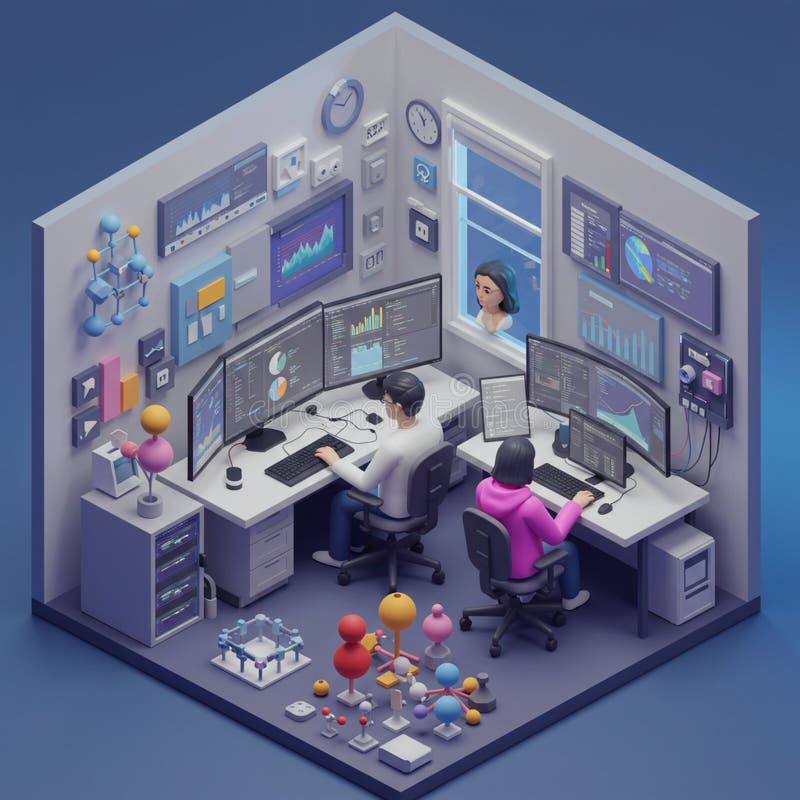 Two People Sit at Desks with Multiple Computer Screens Displaying ...