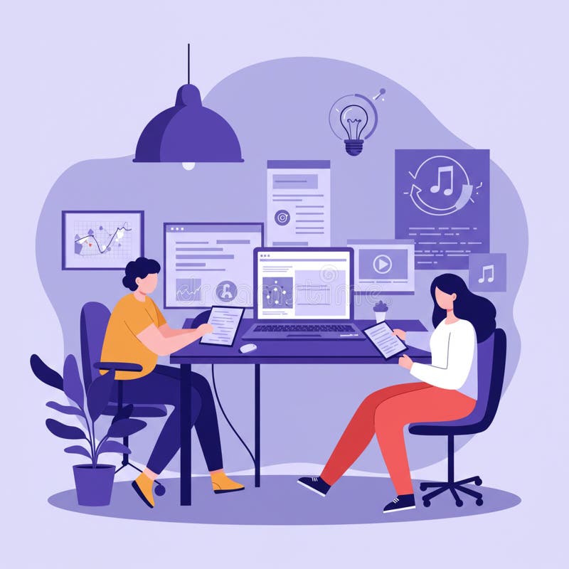 Two People Sit at a Table Using Digital Devices in a Modern Workspace. One Person in Stock ...