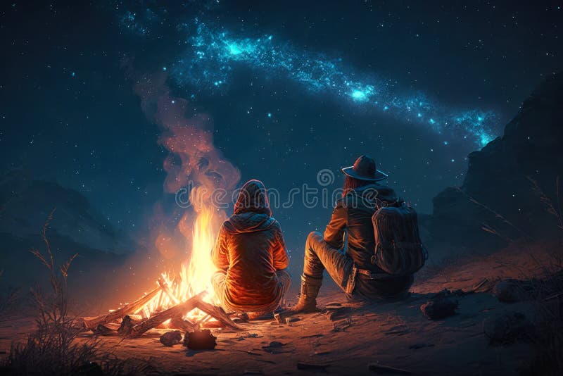 Two People Sitting by Campfire Watching the Stars. Generative AI Stock ...