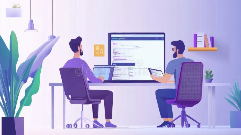 Two People Sitting at a Desk with a Computer Stock Illustration ...