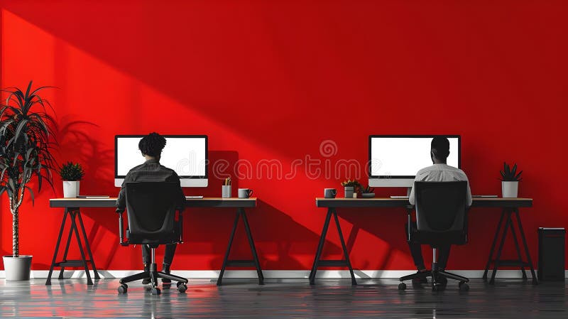 Two People Sitting at Desks in Front of Red Wall Generative AI Stock ...