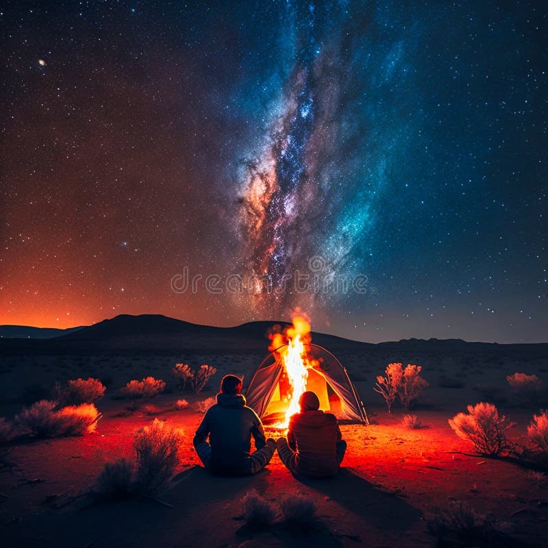 Two People Sitting in Front of a Fire, Generative AI Stock Illustration ...