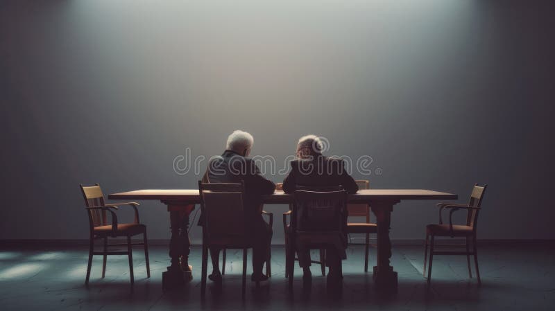 Two People Sitting at a Large Table in a Dimly Lit Room, Creating a ...