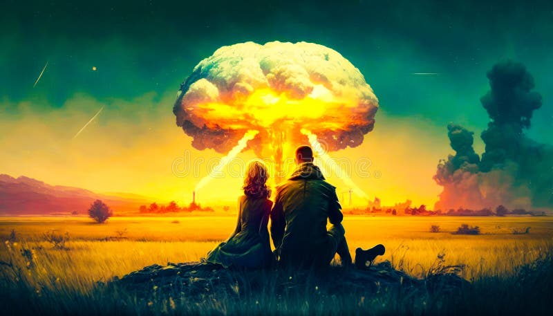 Two People Sitting on Rock Looking at Nuclear Explosion Generative AI ...