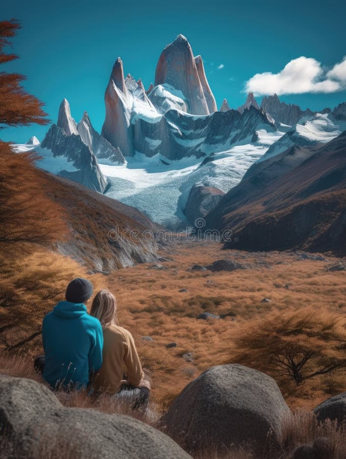 Two People Sitting on Rocks in Front of a Mountain Stock Illustration ...