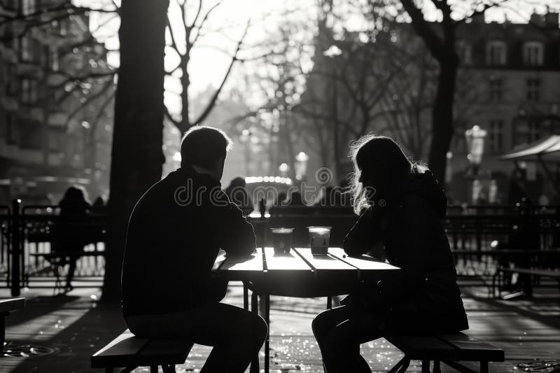 Two People Sitting at a Table in a Park Stock Illustration ...