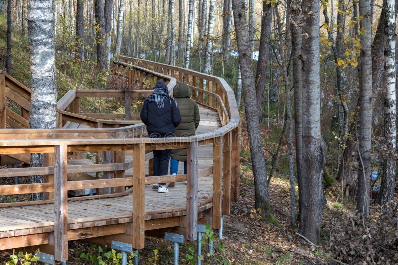 .two People Sitting on a Wooden Boardwalk in the Forest Stock Photo ...