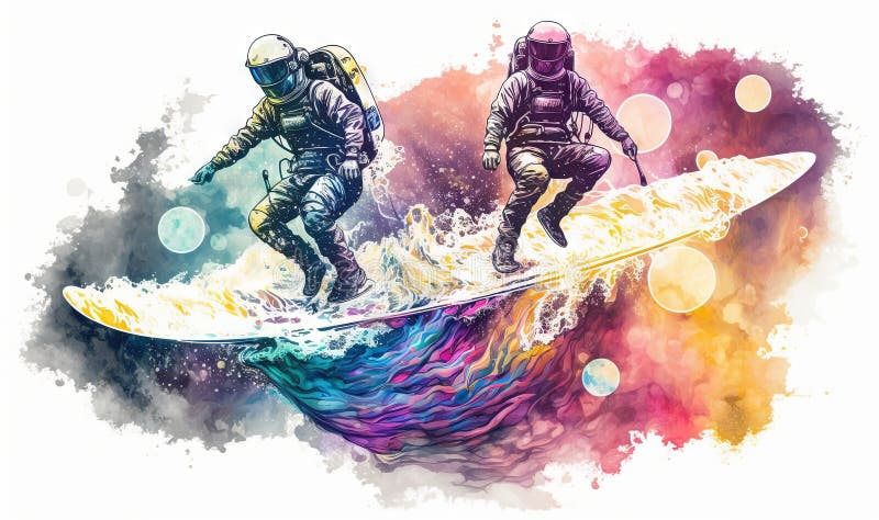 Two People in Space Suits Riding a Wave on a Surfboard Stock ...
