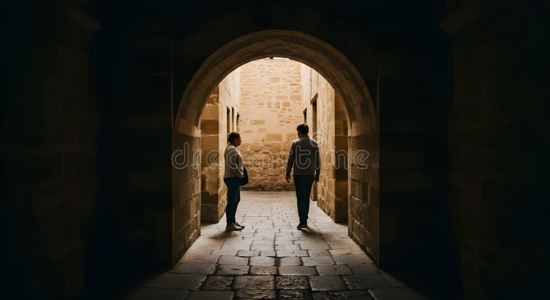 Two People Stand in an Arched Stone Passageway with Light Stock ...