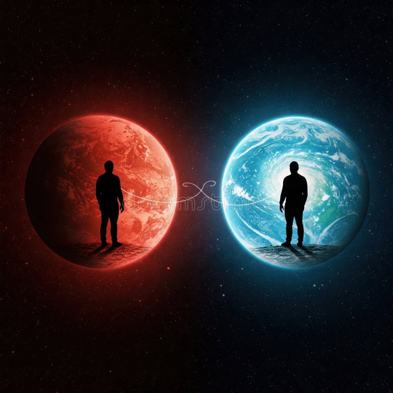 Two People Stand on Different Planets in the Universe. Stock Photo ...