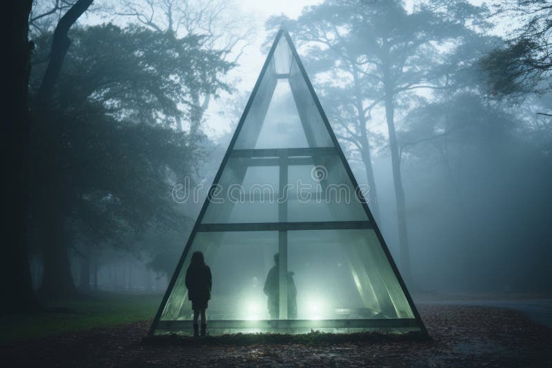 Two People Stand in Front of a Triangle Shaped Structure in the Woods ...