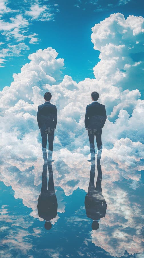 Two People Stand on a Mountain Peak, Gazing into a Small Pool and ...