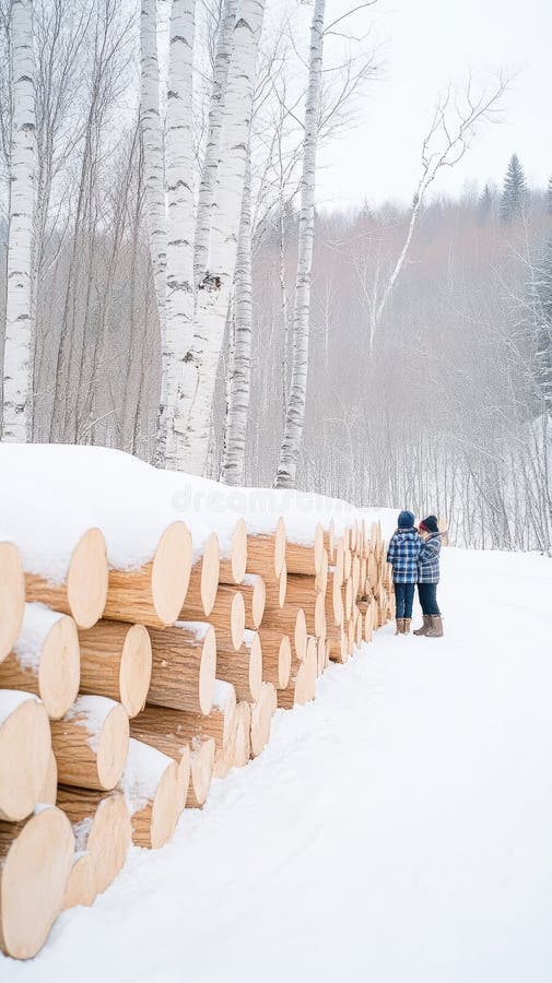Two People Stand Proudly in Front of a Large Stack of White Pine Logs, Smiling at the Camera on ...