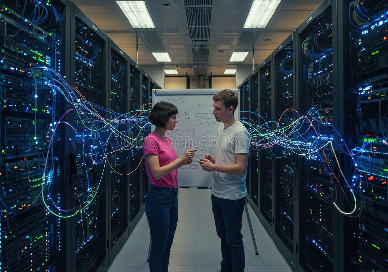 Two People Stand in a Server Room with Glowing Lines Connecting Them ...