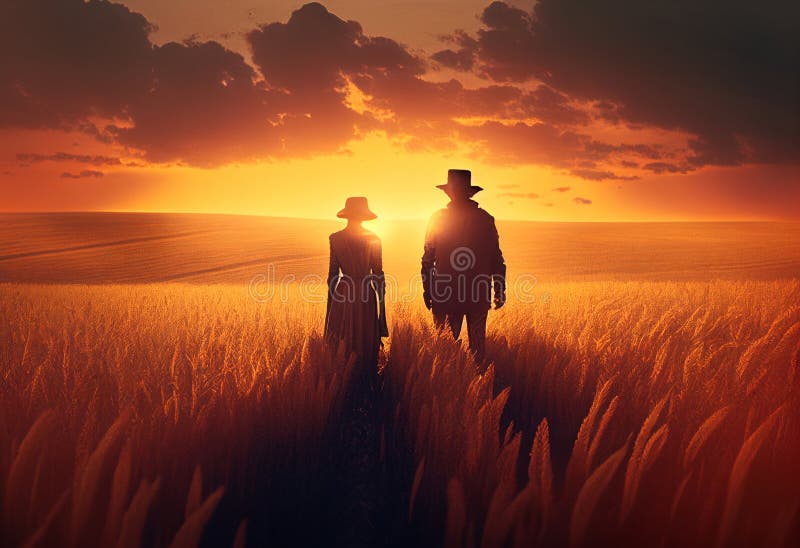 Two People Stand in a Wheat Field at Sunset. AI Generated Stock ...