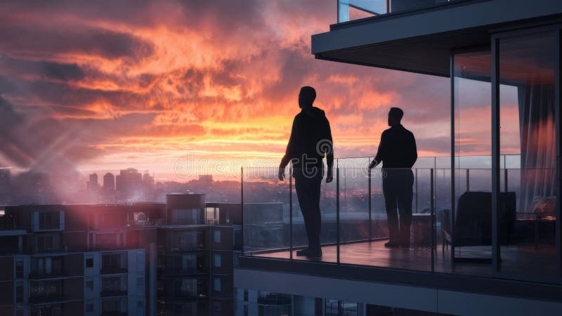Two People Standing on a Balcony Looking at the Sunset, AI Stock Image ...