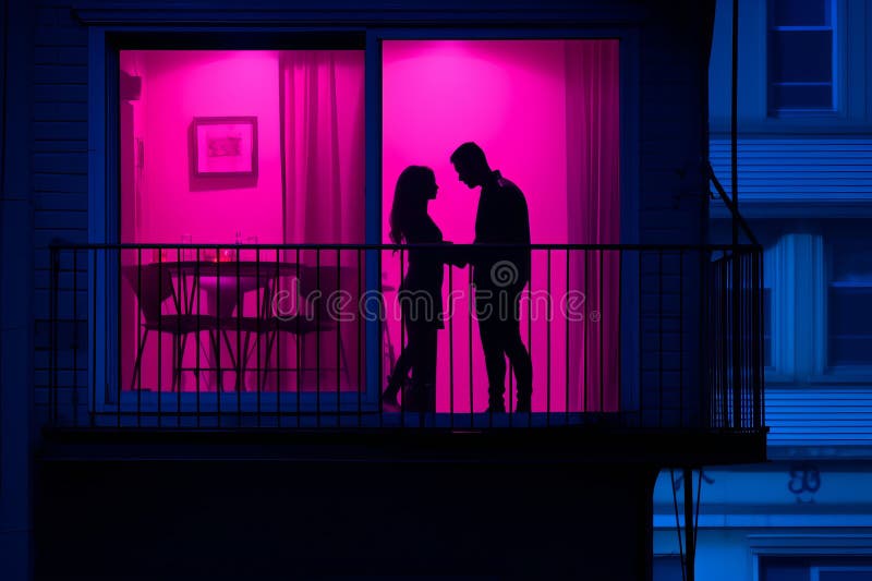Two People Standing on a Balcony with a Pink Light Shining on Them ...