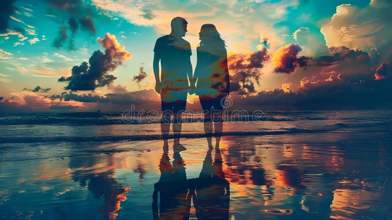 Two People Standing on the Beach at Sunset Stock Photo - Image of ...