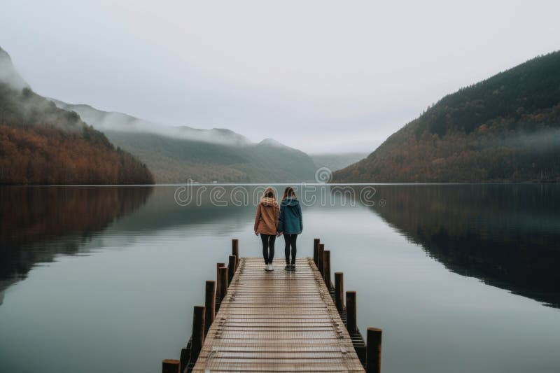 Two People Standing on a Dock in Front of a Lake. Generative AI Image ...