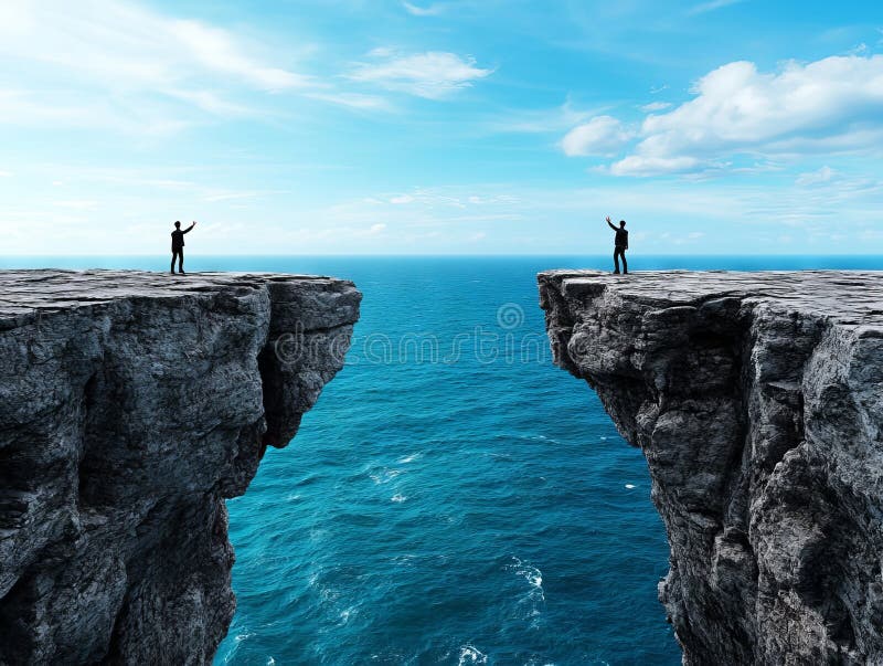 Two People Standing on the Edge of a Cliff Overlooking the Ocean Stock ...