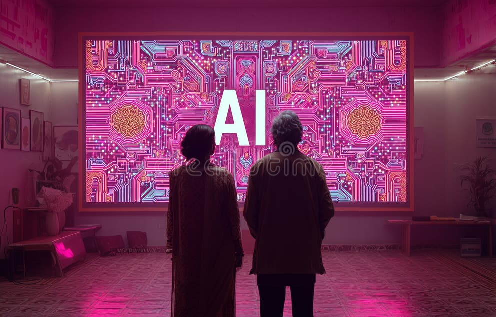 Two People Standing in Front of an AI Display Purple Screen Stock ...