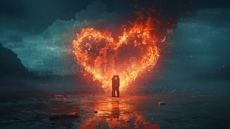 Two People Standing in Front of a Heart Shaped Fire, AI Stock Image ...