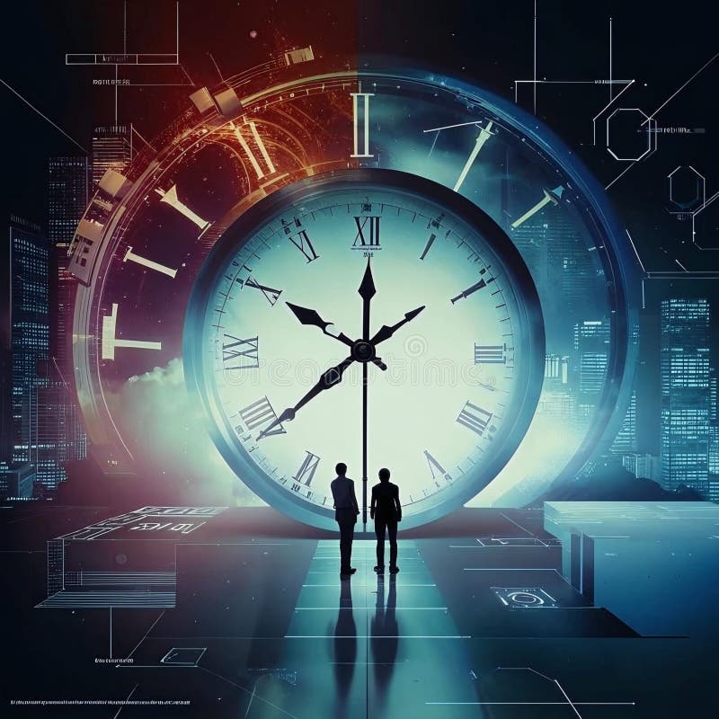 Two People Standing in Front of a Huge Glowing Clock. ?echnology. Stock ...
