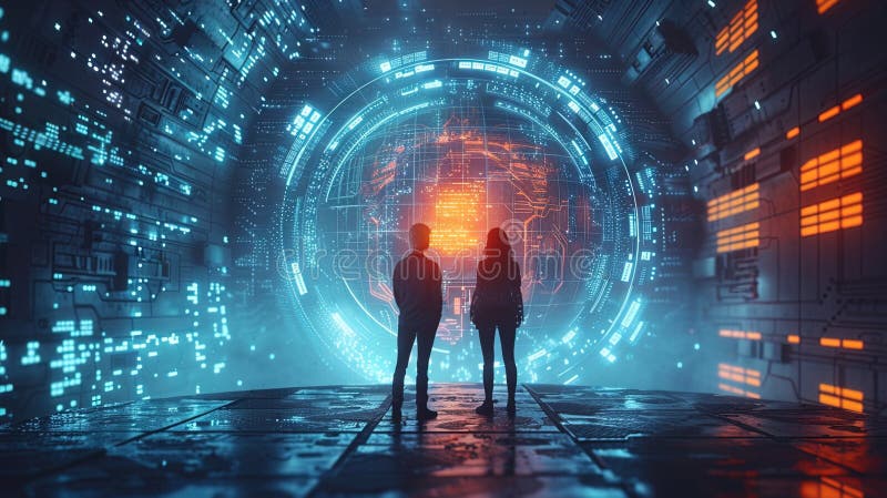 Two People Standing in Front of a Large, Glowing, Futuristic Computer ...