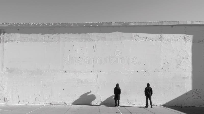 Two People Standing In Front Of A Wall With One Person Looking At The
