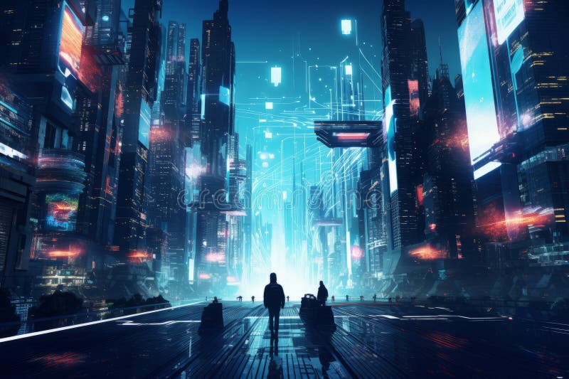 Two People Standing in a Futuristic City at Night Stock Illustration ...