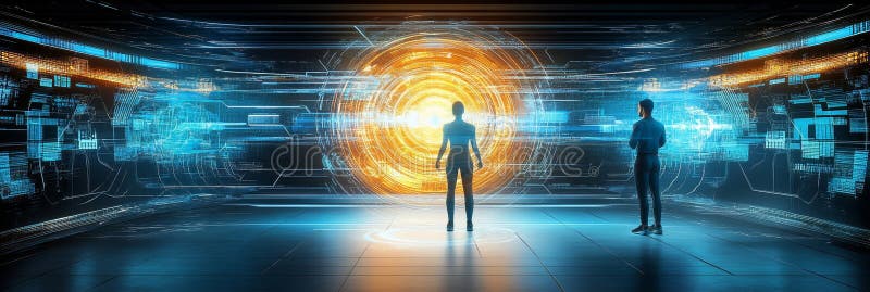 Two People Standing in Futuristic Data Center, Cyberspace, and Big Data ...