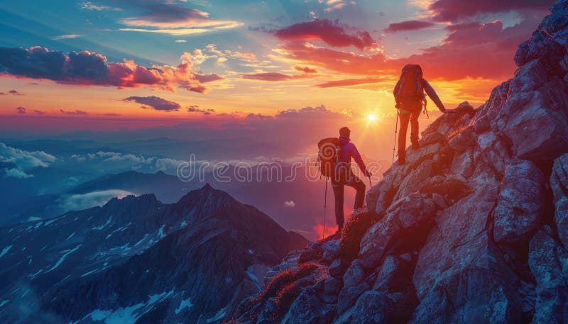 Two People are Standing on a Mountain by AI Generated Image Stock ...