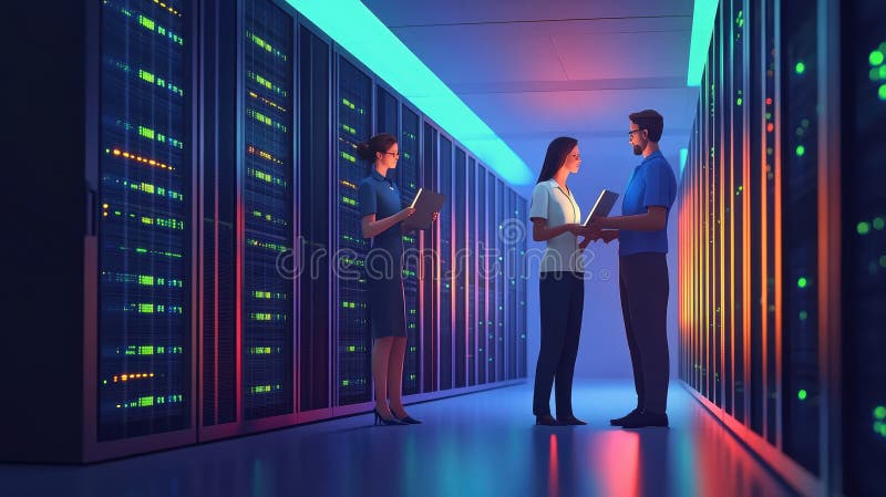 Two People Standing in a Server Room with a Laptop Stock Illustration ...