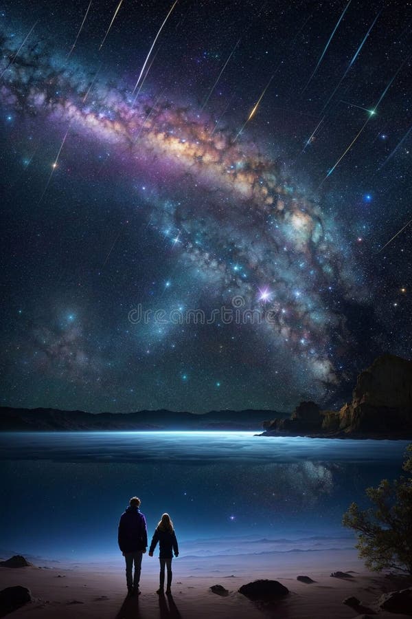 Two People Standing on the Shoreline Illuminated by a Star-filled Night ...