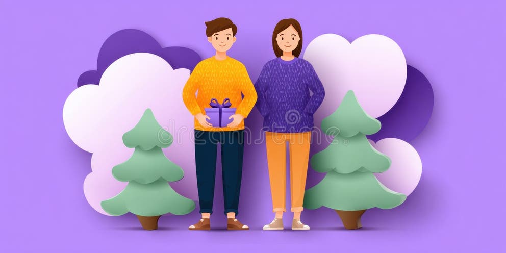 Two People Standing Side by Side Holding a Wrapped Gift in a Bright ...