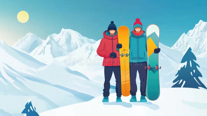 Two People Standing on a Snowy Mountain Holding Snowboards Stock ...