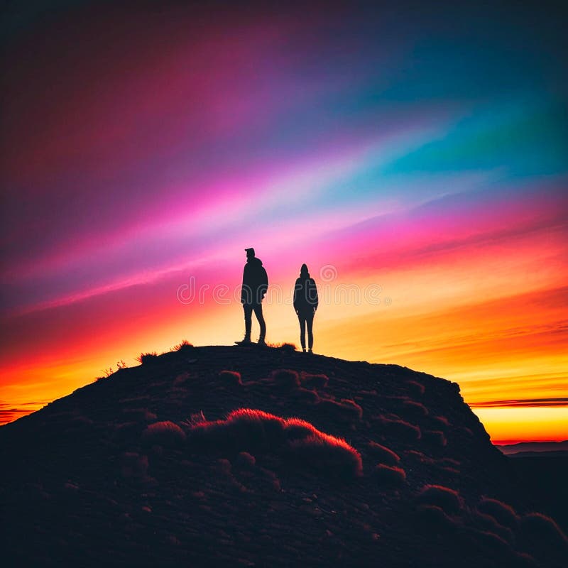 Two People Standing on Top of Hill Under Colorful by the Sky ...