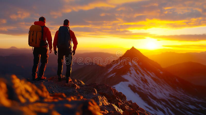 Two People Standing on Top of a Mountain Looking at the Sunset Stock ...