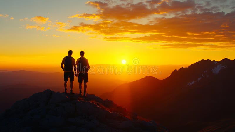 Two People Standing on Top of a Mountain at Sunset Stock Photo - Image ...