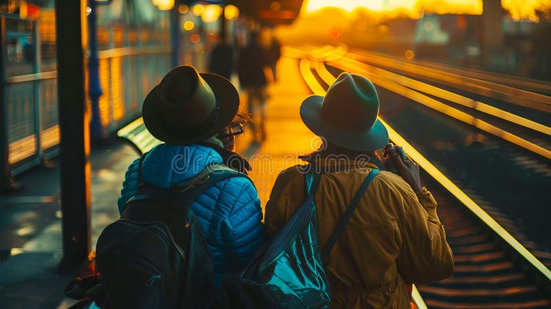 Two People Standing on Train Tracks Looking at the Sunset Stock ...
