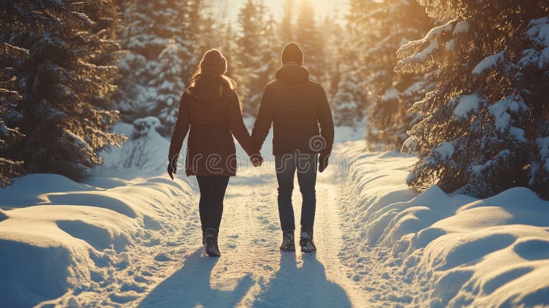 Two People Stroll Hand in Hand Along a Snow-covered Path in a Tranquil ...