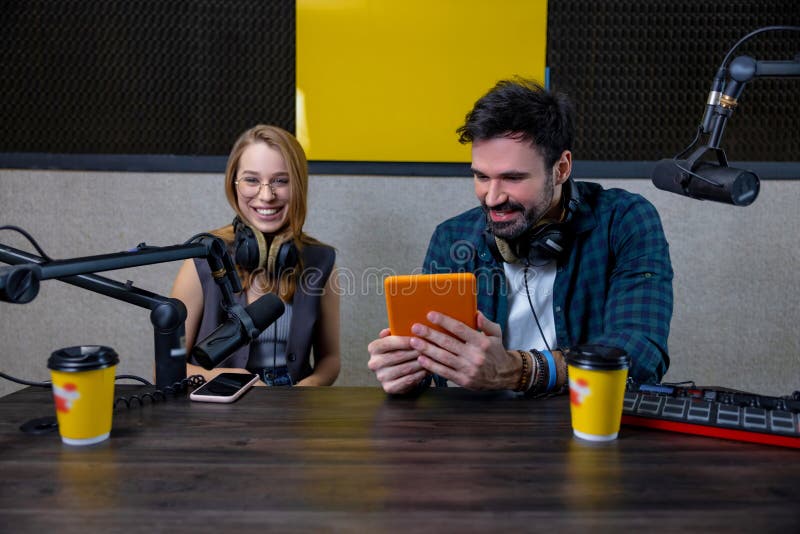 Two People at the Studio Preparing a Radio Program Stock Image - Image ...