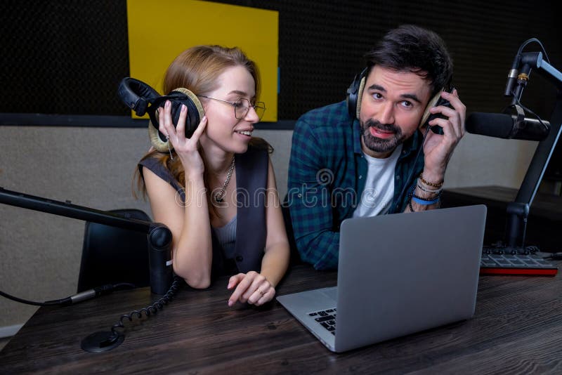 Two People at the Studio Preparing a Radio Program Stock Image - Image ...