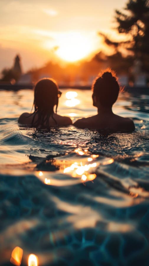 Two People are Swimming in a Pool at Sunset, AI Stock Photo - Image of ...