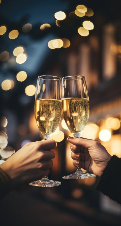 Two People Toasting Champagne Glasses in Front of Lights Stock Photo ...