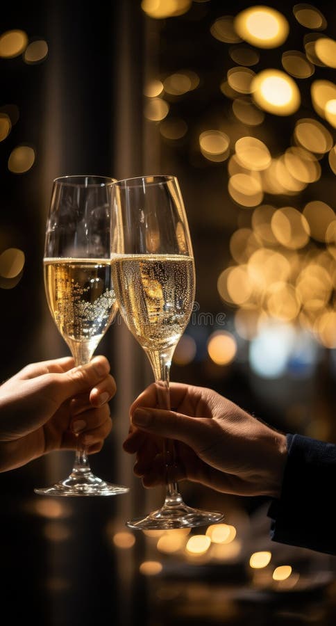 Two People Toasting Champagne Glasses in Front of Lights Stock Image ...