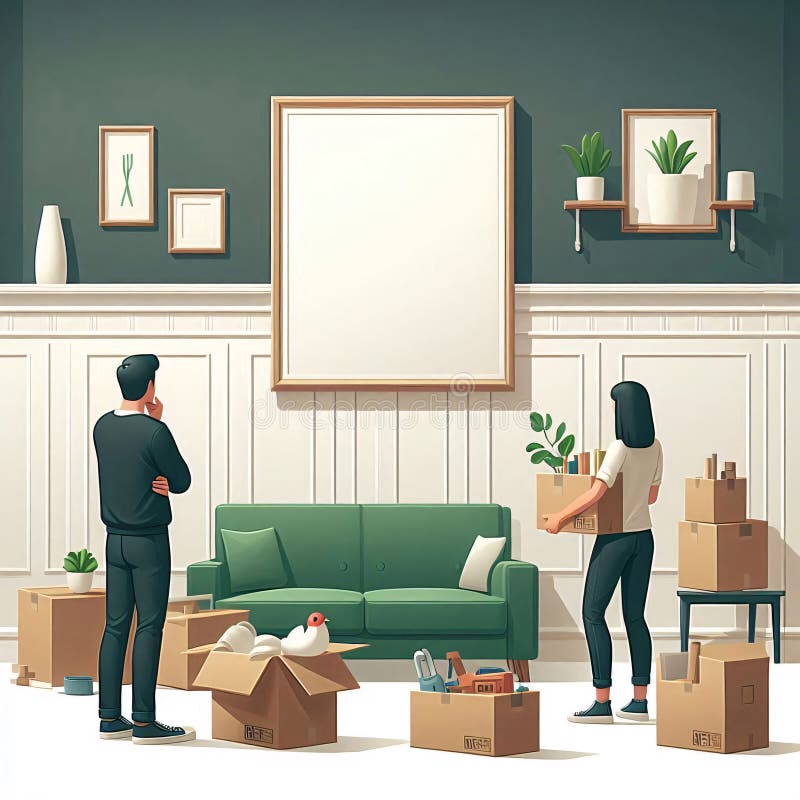 Two People Unpacking Boxes in a Room Stock Illustration - Illustration ...