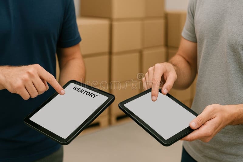 Two People Using Tablets for Inventory Management in a Warehouse ...